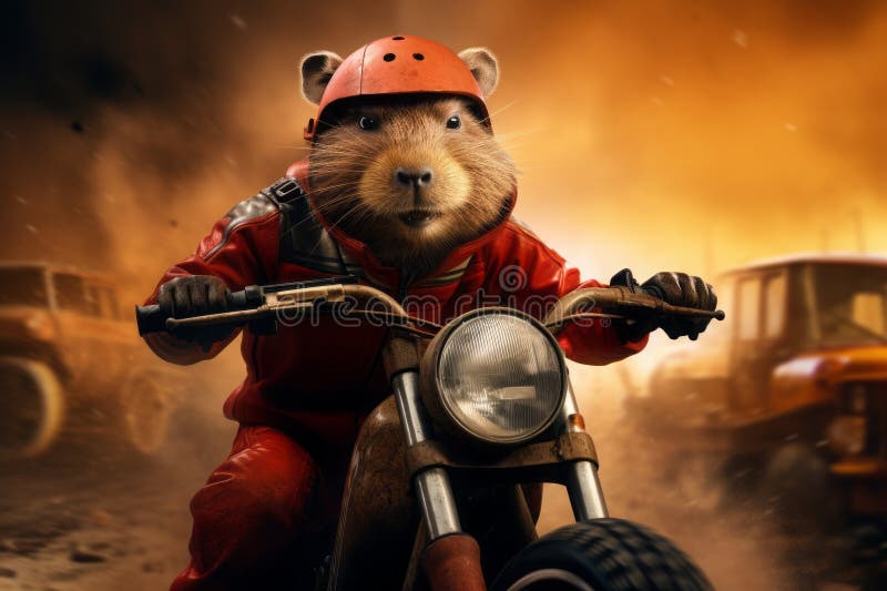 Cute Hamster Riding a Motorcycle. Motorcyclist Rides a Motorcycle Stock ...