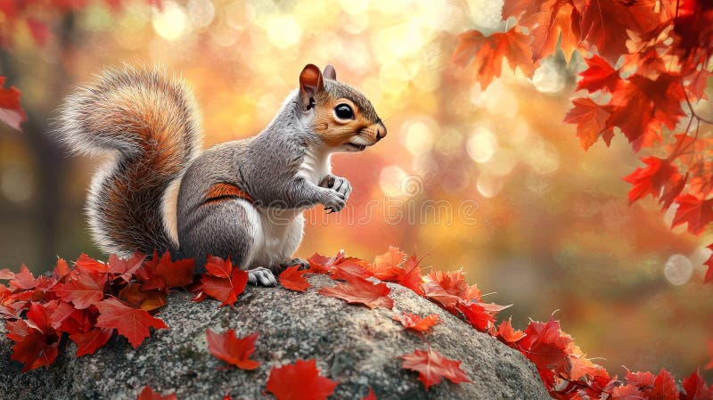 A Cute Hamster Sits Atop a Rock, with Fall Leaves All Around. Stock ...