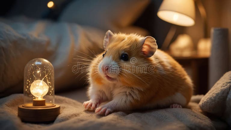 Adorable Fluffy Hamster Relaxing at Night by Warm Lamplight Stock ...