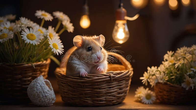 Adorable Hamster in a Cozy Basket with Daisies Stock Illustration ...