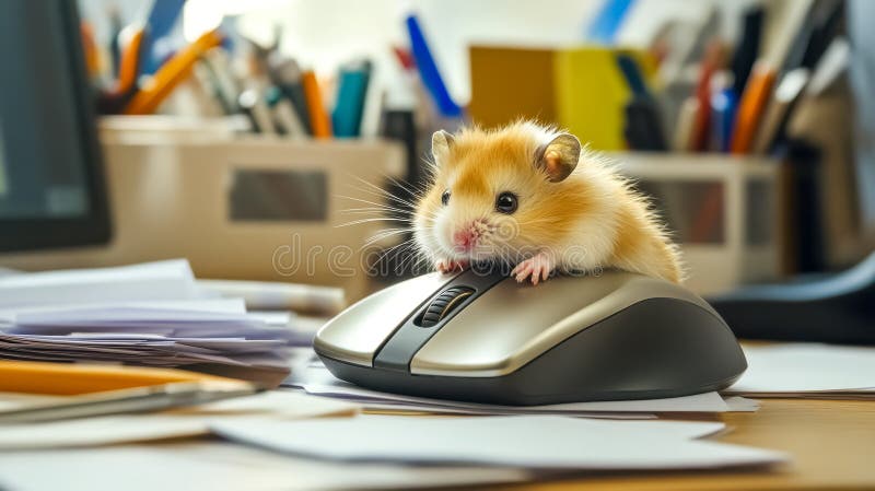 Cute Hamster Sitting on a Computer Mouse at a Desk Stock Photo - Image ...