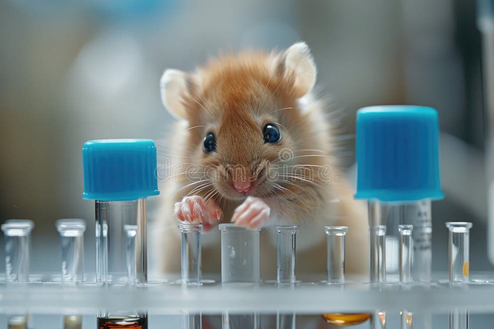 Cute Hamster Standing on the Edge of a Table with Test Tubes Stock ...