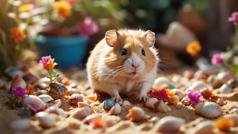 Adorable Hamster Playing on Seashells Beach Stock Illustration ...
