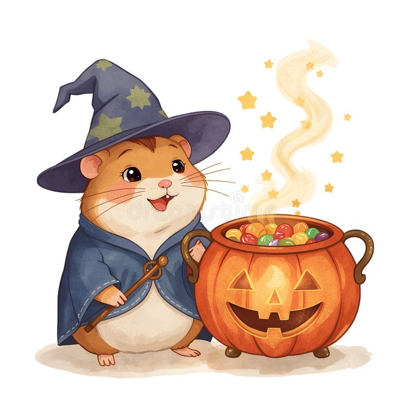 Cute Hamster Wizard Brewing Halloween Potion in Bubbling Cauldron Stock ...