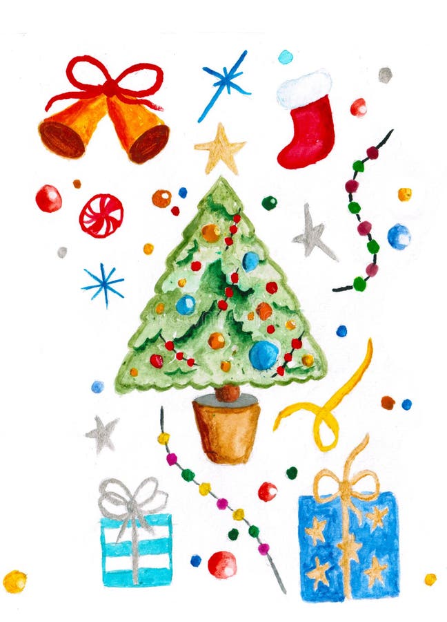 Cute Hand Drawing for New Year and Christmas, Watercolor,. Stock ... Cute Hand Drawing for New Year and Christmas, Watercolor,. Stock ...