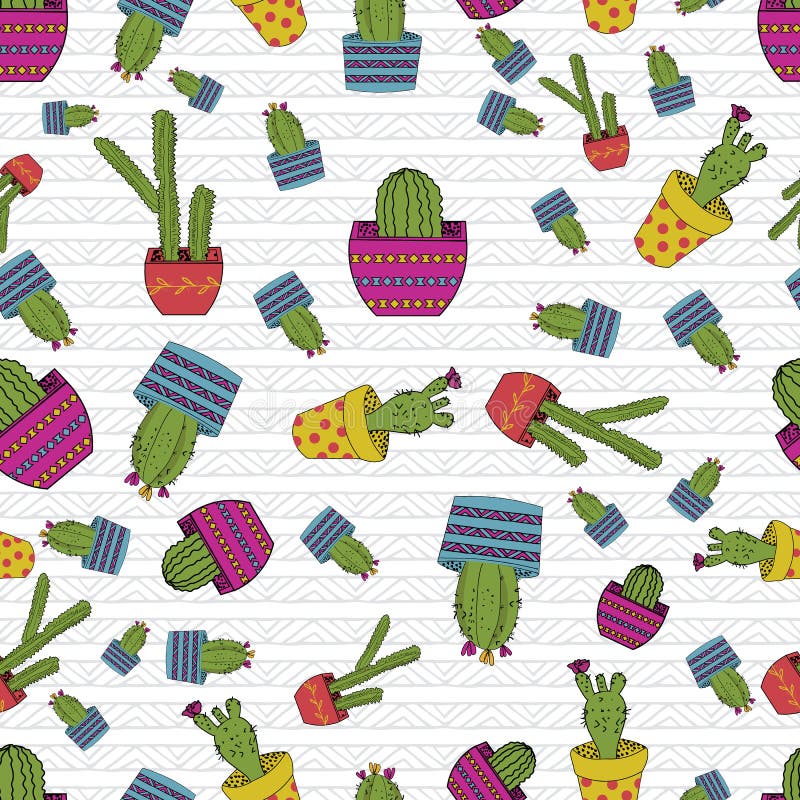 Cute Hand Drawn Cacti Seamless Vector Pattern Background. Stock Vector ...
