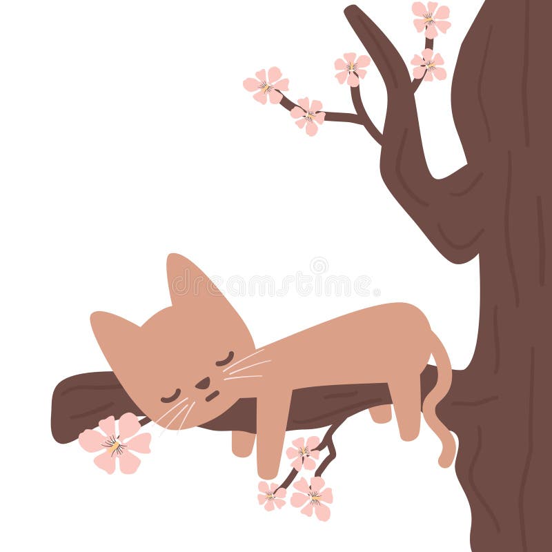 Cute Hand Drawn Cartoon Character Little Cat Sleeping on Cherry Tree ...