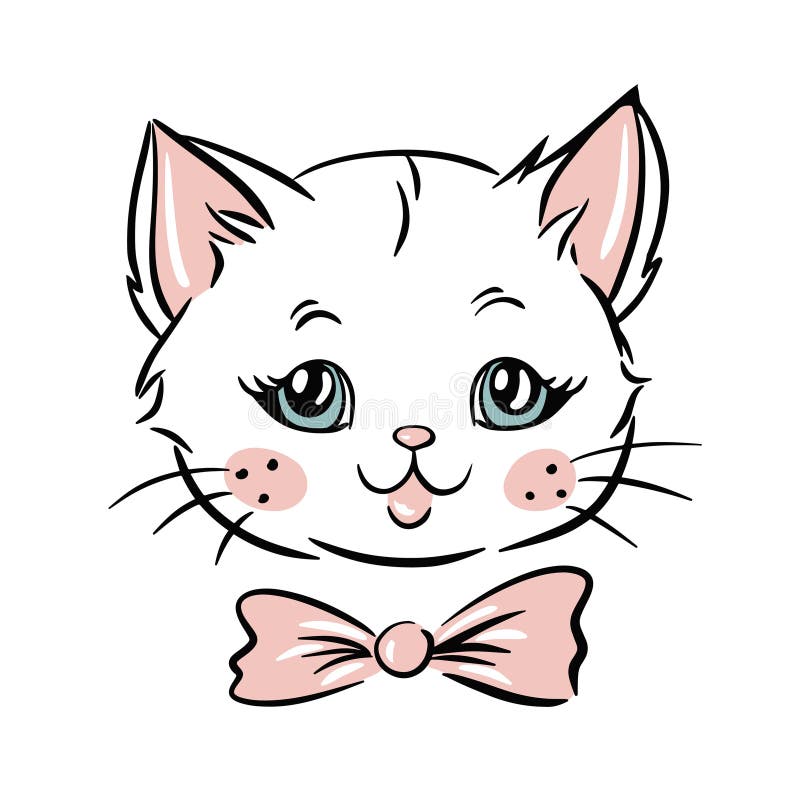 Cute Hand Drawn Cat Face with Soft Pink Bow, Kids Design Stock Vector ...