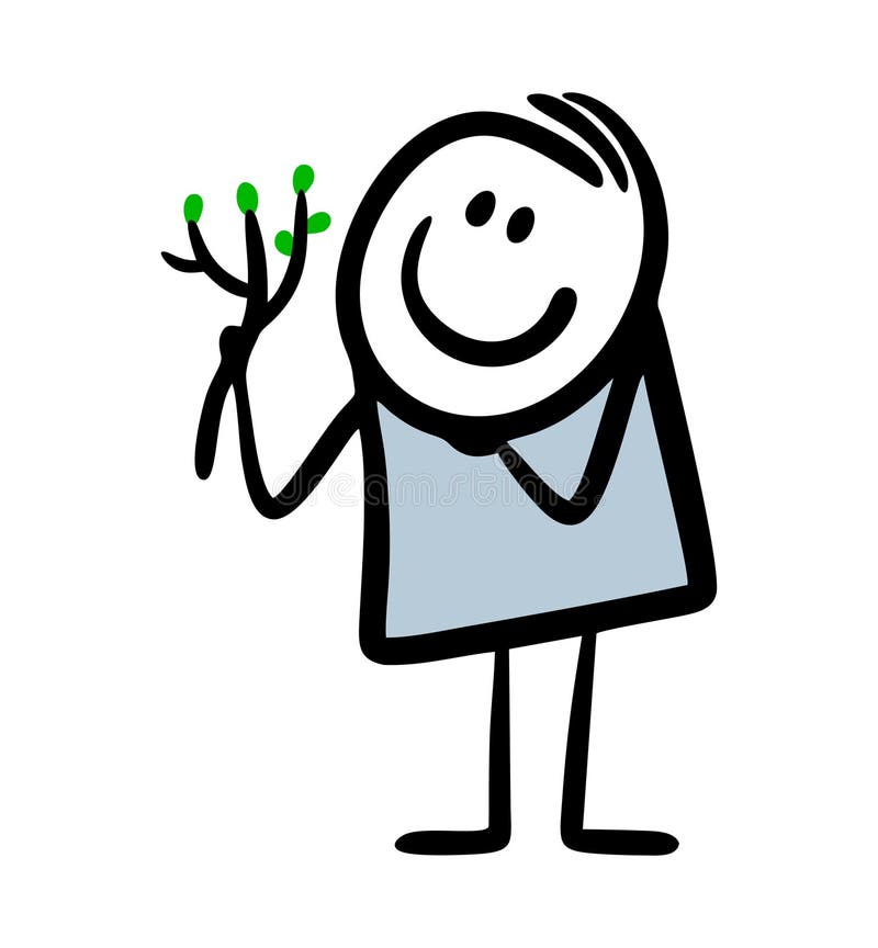 Cute Hand Drawn Character with Blooming Tree Branch in His Hand. Stock ...