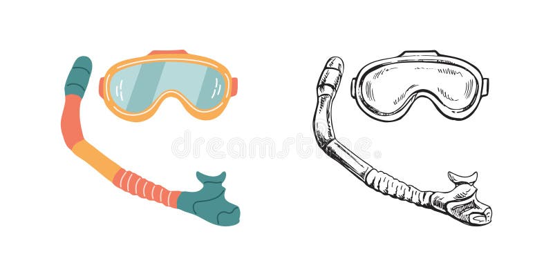 Cute Hand Drawn Diving Mask and Snorkel, Vector Marine Concept Elements ...