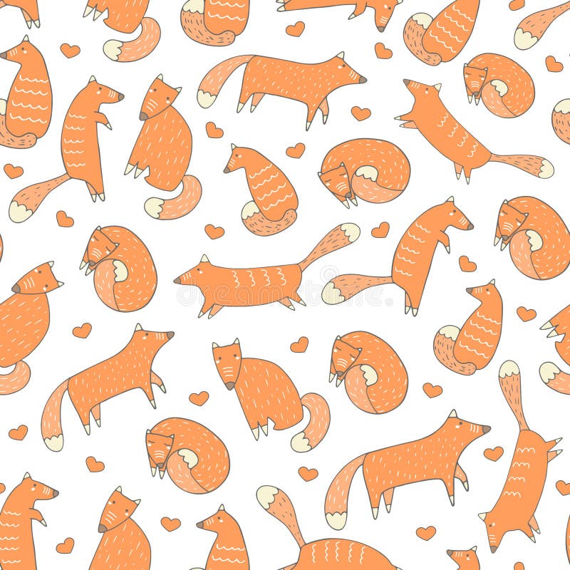 Cute Hand Drawn Doodle Fox Seamless Pattern Stock Vector - Illustration ...