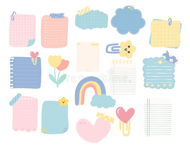 Cute Hand Drawn Doodle Paper Notes Collection in Pastel Colors Stock ...