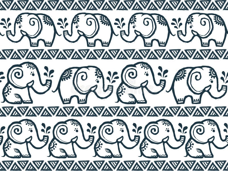 Cute Hand Drawn Elephants Lines in Tribal Style Vector Seamless Pattern ...