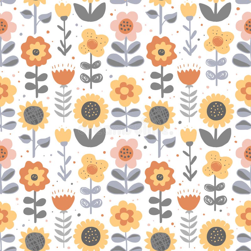 Cute Hand Drawn Flowers Seamless Pattern. Nursery or Rustic Background ...