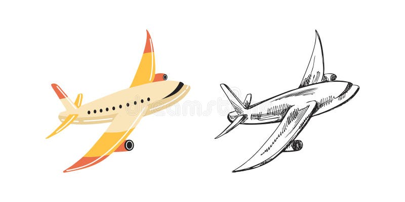 Cute Hand Drawn Flying Plane. Flat and Outline Black Vector ...