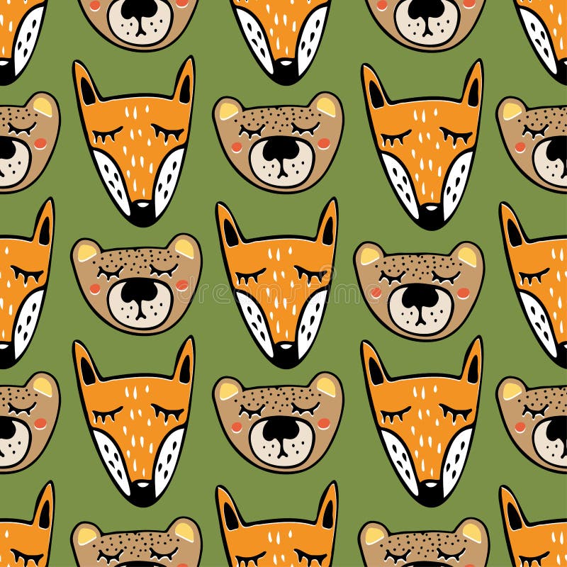 Cute Hand-drawn Bear, Fox and Hare Heads Seamless Pattern Stock Vector ...
