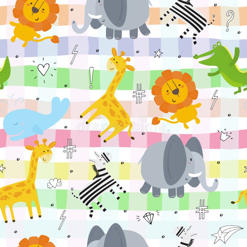 Cute Hand Drawn Funny Animals. Seamless Pattern. Stock Vector ...