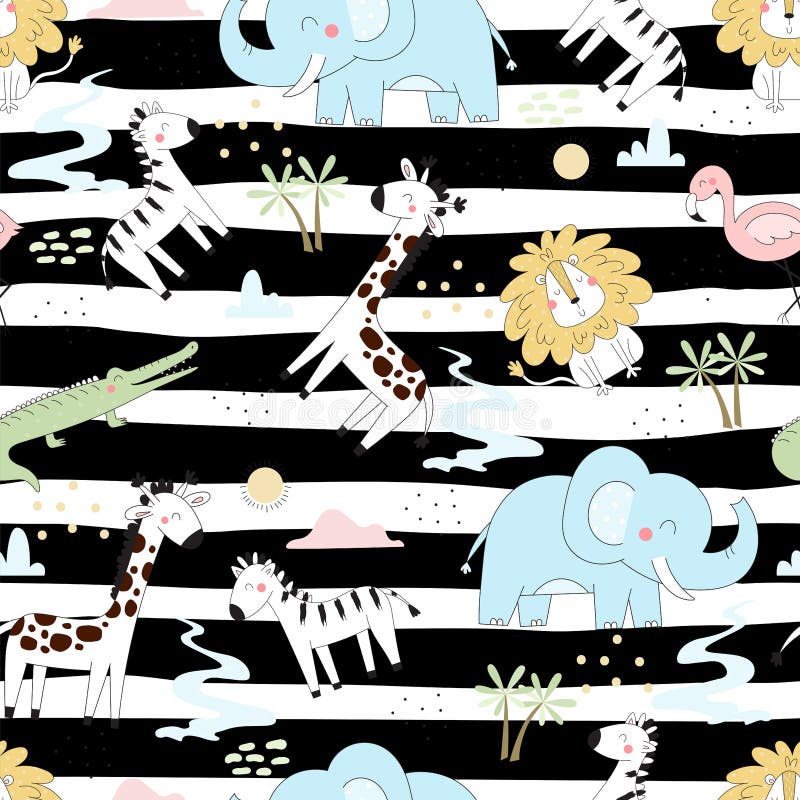 Cute Hand Drawn Funny Animals. Seamless Pattern. Stock Vector ...