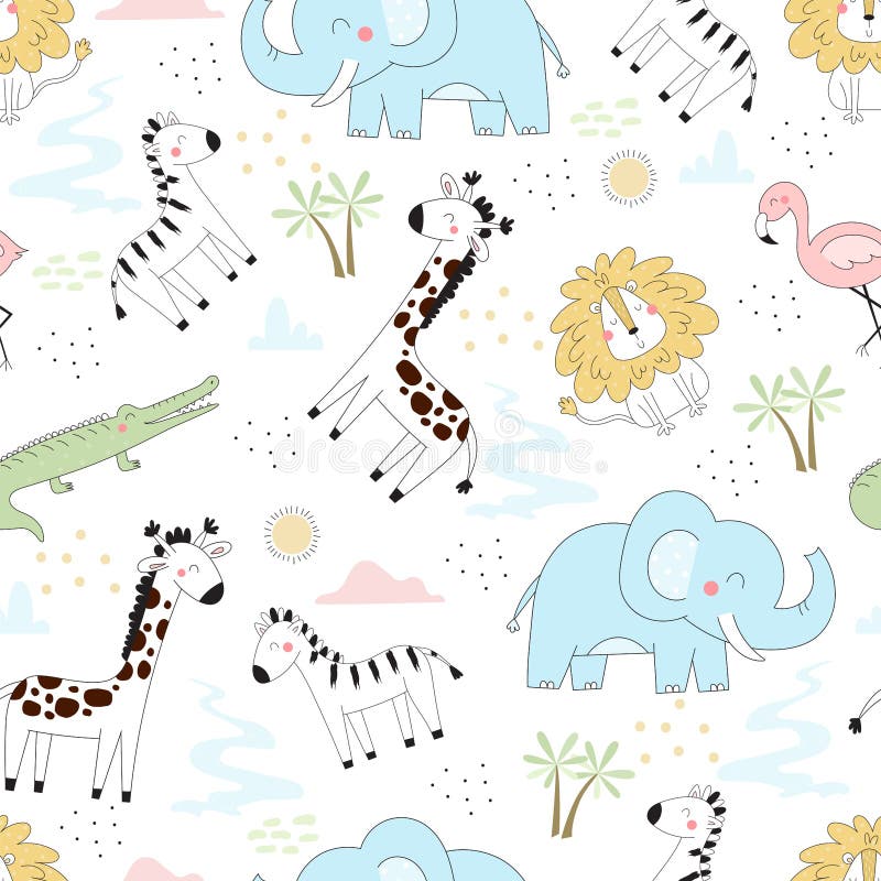 Cute Hand Drawn Funny Animals. Seamless Pattern. Stock Vector ...