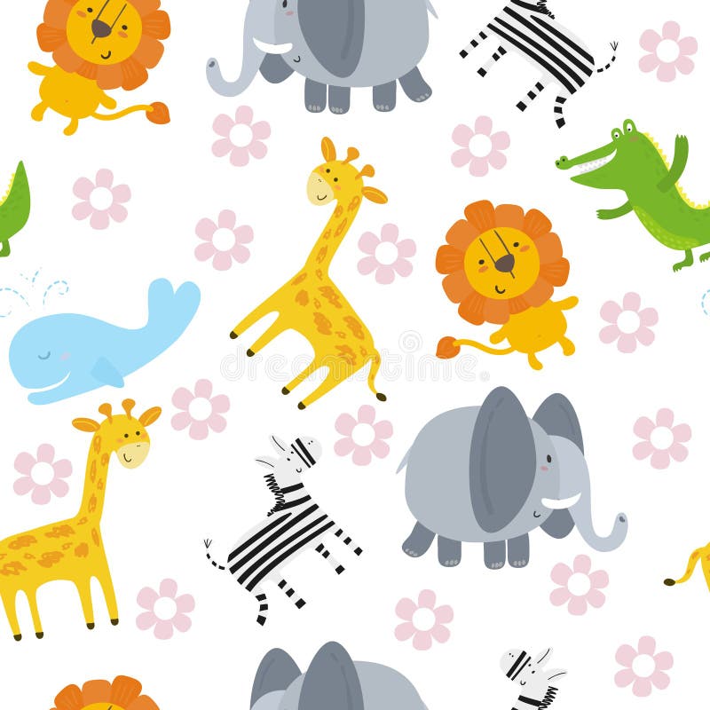 Cute Hand Drawn Funny Animals. Seamless Pattern Stock Illustration ...