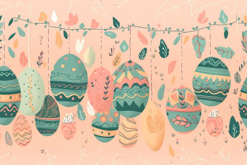Cute Hand Drawn Hanging Easter Eggs Horizontal Seamless Vector Design ...