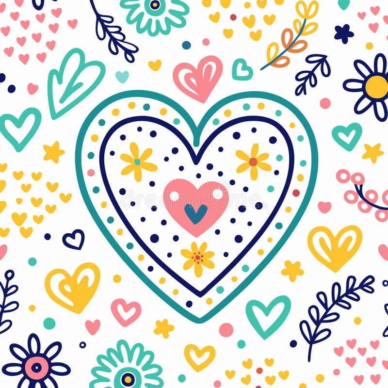 Cute Hand-drawn Heart with Flowers and Hearts Pattern Stock Vector ...