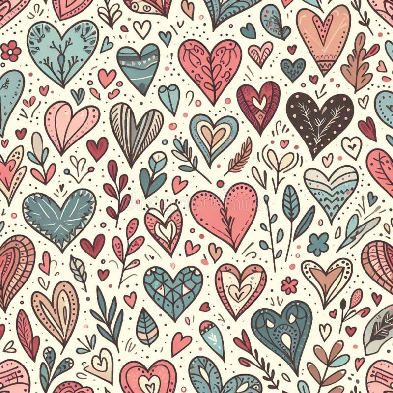 Cute Hand Drawn Hearts Seamless Pattern Background Stock Illustration ...