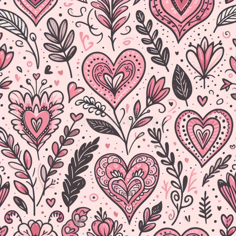 Cute Seamless Pattern with Pink Doodle Hearts Background Stock ...