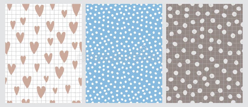 Cute Hand Drawn Irregular Hearts and Dots Vector Patterns. Funny ...