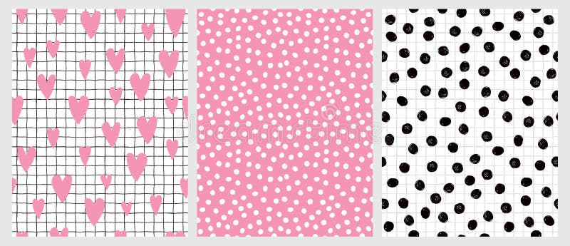 Cute Hand Drawn Irregular Hearts and Dots Vector Patterns. Pink, White ...