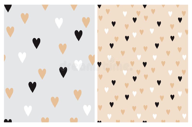 Cute Hand Drawn Irregular Hearts Vector Patterns. White, Black and ...