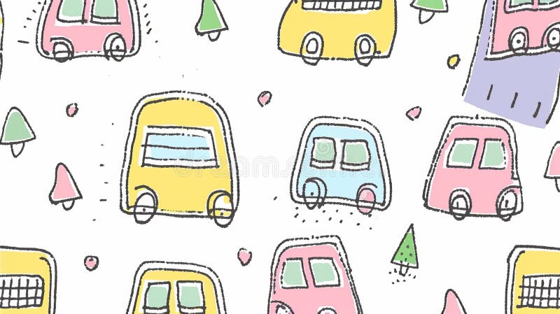 Cute Hand-drawn Pastel Cars and Trees Seamless Pattern Stock ...