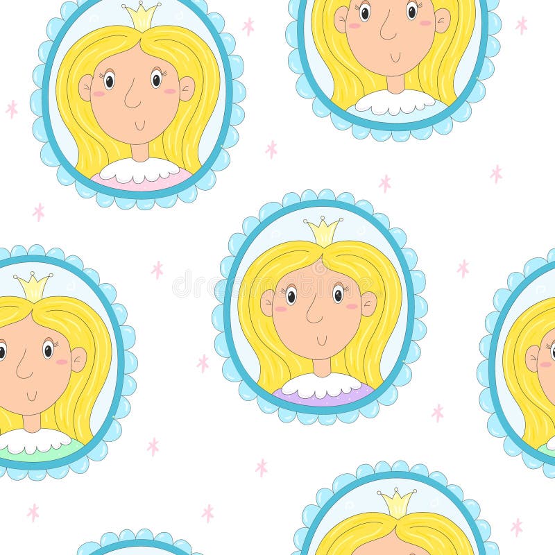 Cute Hand Drawn Portrait of a Princess in a Frame. Vector Pattern ...