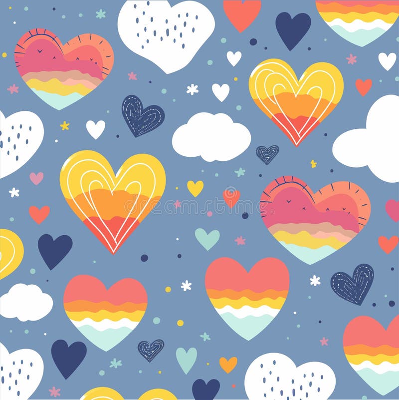 Cute Hand Drawn Rainbow and Hearts Doodle Pattern. Vector Illustration ...