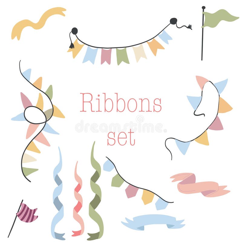 Cute Hand Drawn Ribbons and Garland Set Stock Vector - Illustration of ...