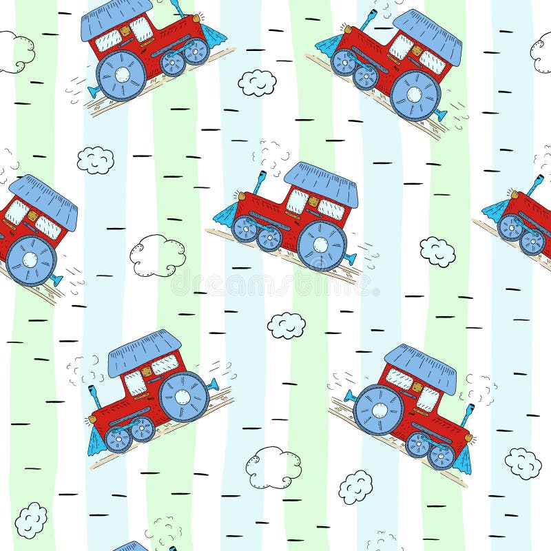 Cute Hand Drawn Seamless Pattern with Cartoon Trains Stock Vector ...