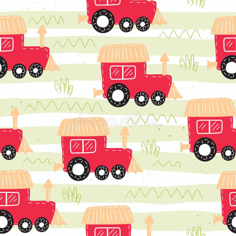 Cute Hand Drawn Seamless Pattern with Cartoon Trains Stock Vector ...
