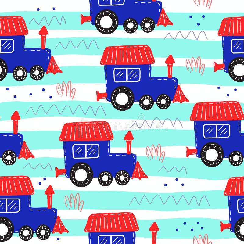 Cute Hand Drawn Seamless Pattern with Cartoon Trains Stock Vector ...