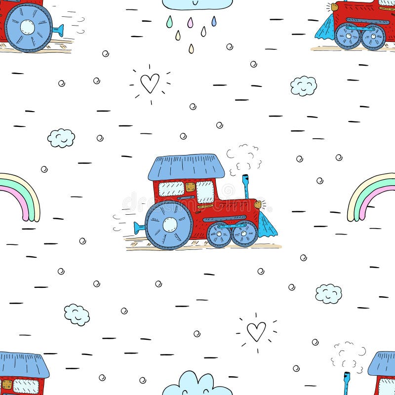 Cute Hand Drawn Seamless Pattern with Cartoon Trains Stock Vector ...