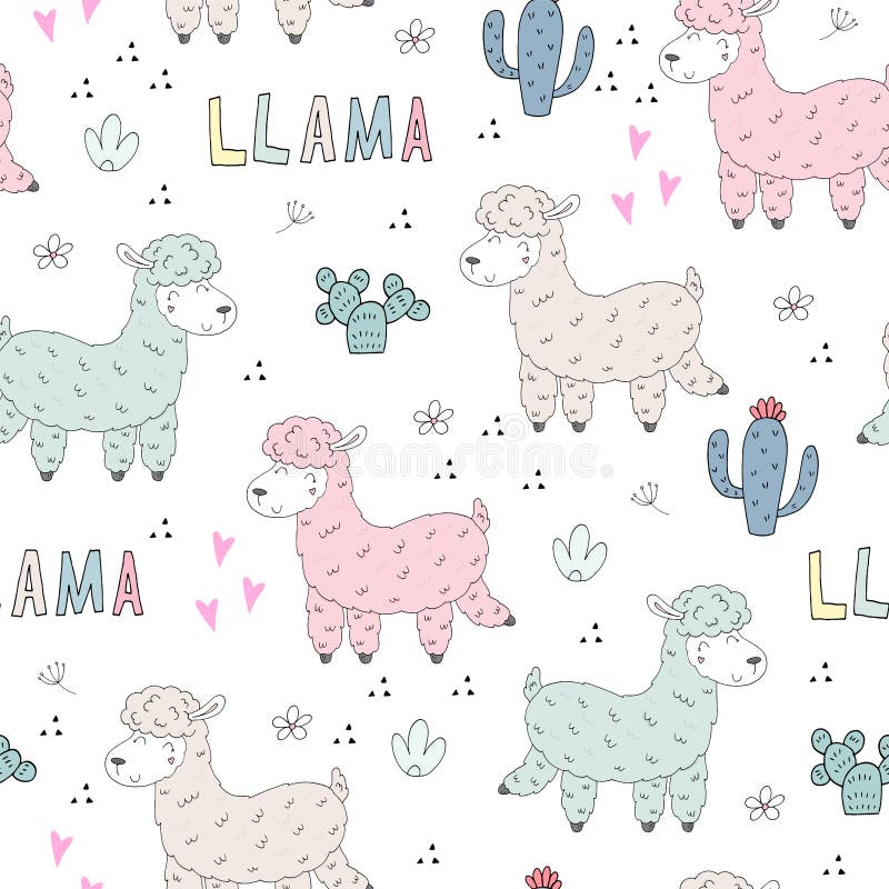 Cute Hand Drawn Seamless Pattern Lamas. Vector Print Stock Vector ...