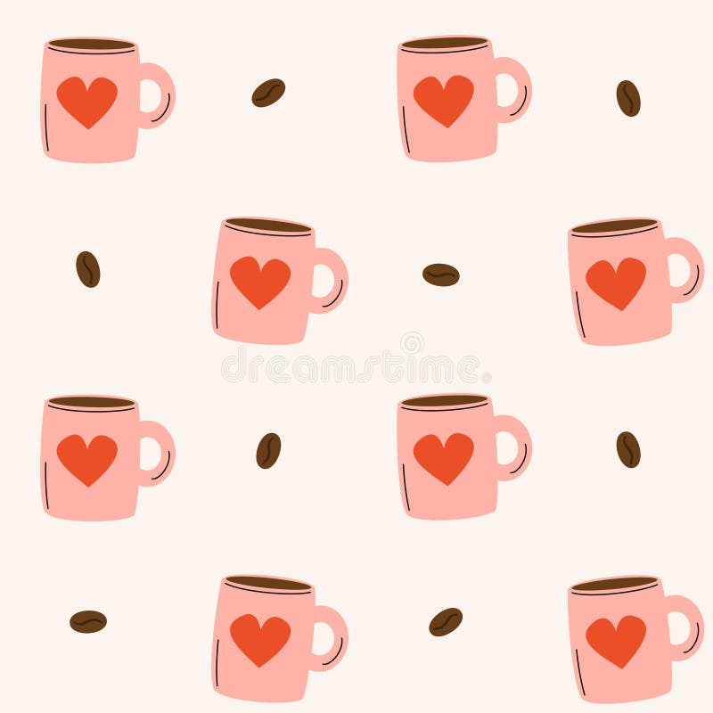 Cute Hand Drawn Seamless Pattern with Pink Coffee Cups with Red Hearts ...