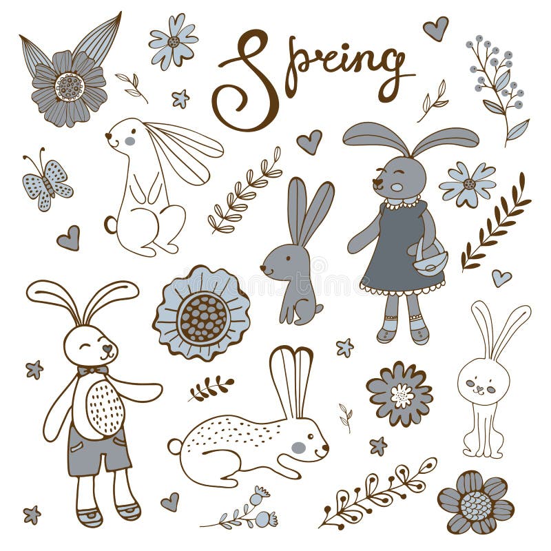 Cute Hand Drawn Spring Collection with Rabbits and Flowers Stock Vector ...