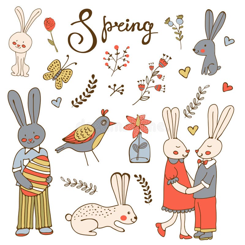Cute Hand Drawn Spring Collection with Rabbits and Flowers Stock Vector ...