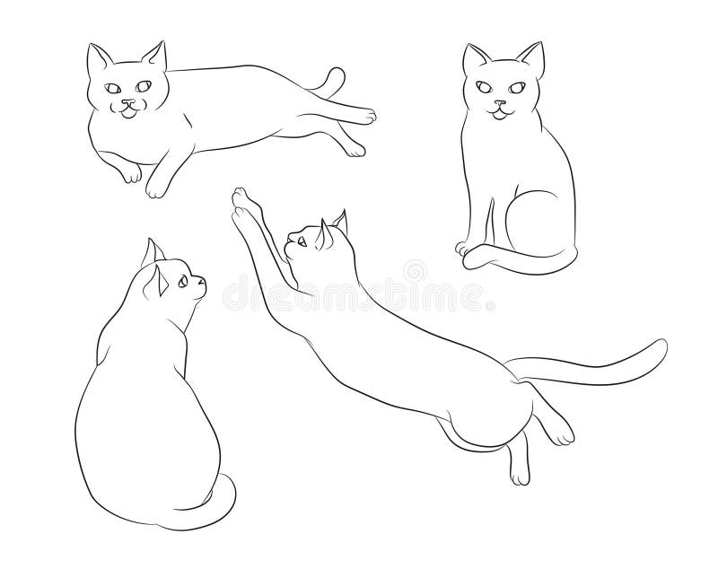 Two Cats In Sketch Style Set Of Black Line Cats On White Background