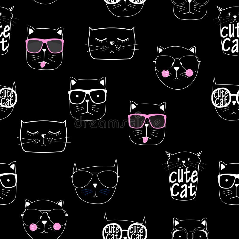 Cute Handdrawn Cat Seamless Pattern Vector Illustration Stock Vector ...
