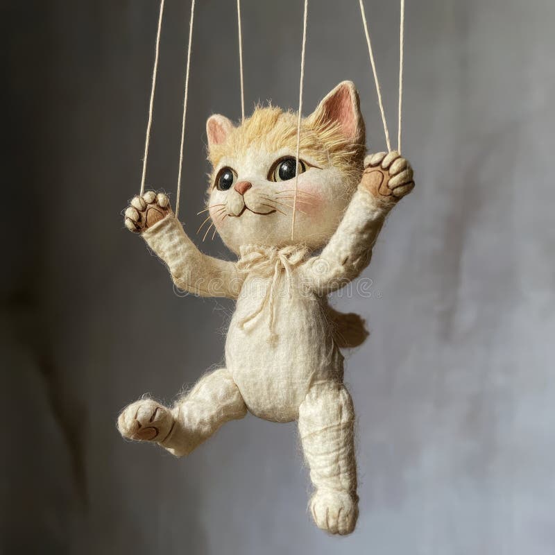 Cute Handmade Kitten Puppet on Strings, Posing Happily Stock Photo ...