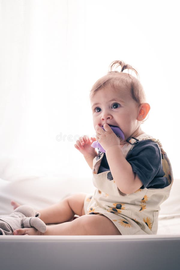 Cute Happy Baby Playing on White Bed in Sunny Room Stock Image - Image ...
