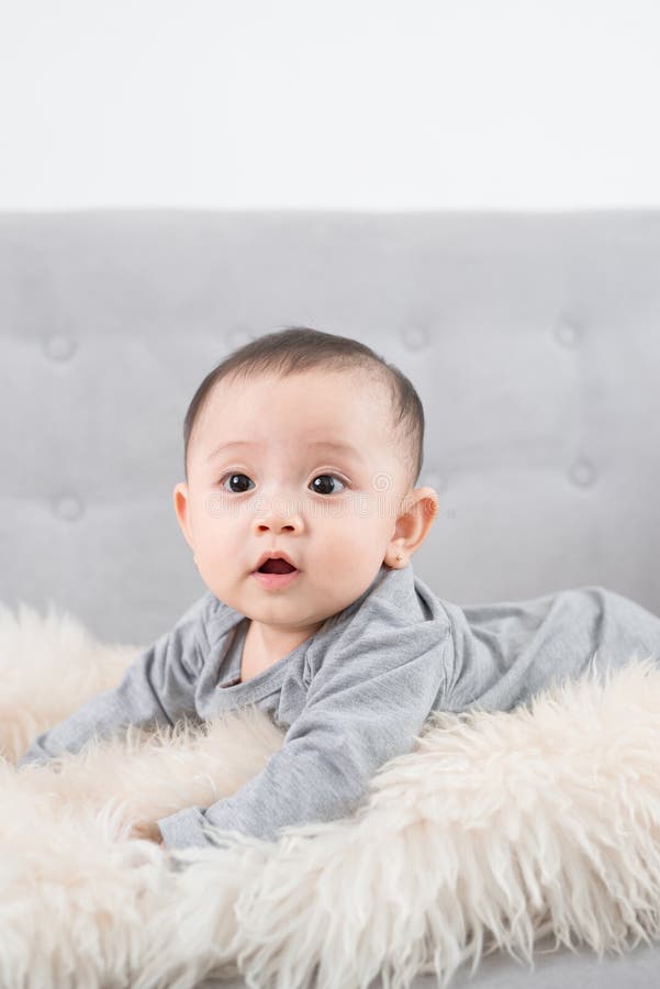 Cute Happy Baby Portrait Lying on Fur Stock Image - Image of healthy ...