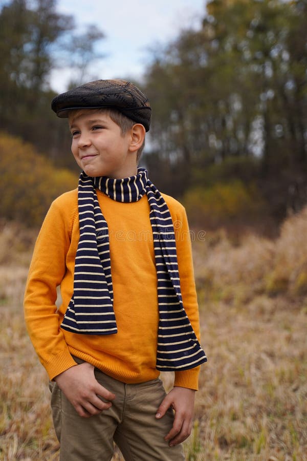 Cute Happy Boy Child Outdoors. Stylish Guy in Nature Stock Photo ...
