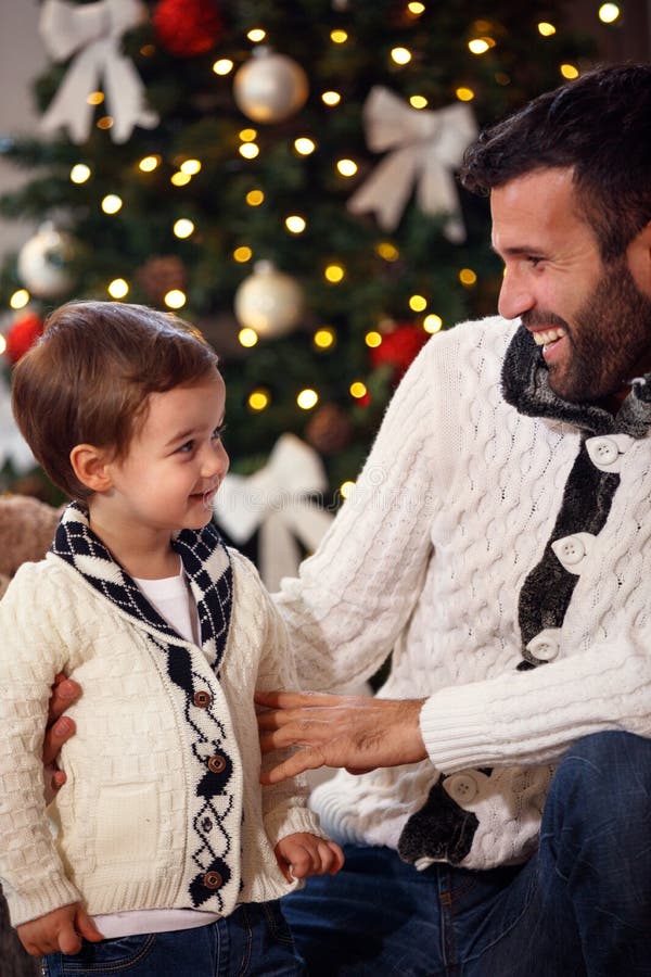 Cute Boy with Daddy at Home for Christmas Stock Image - Image of people ...